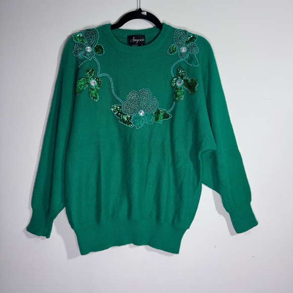 angenie | Sweaters | Vintage 8s Angenie Green Beaded Sequin Floral ...